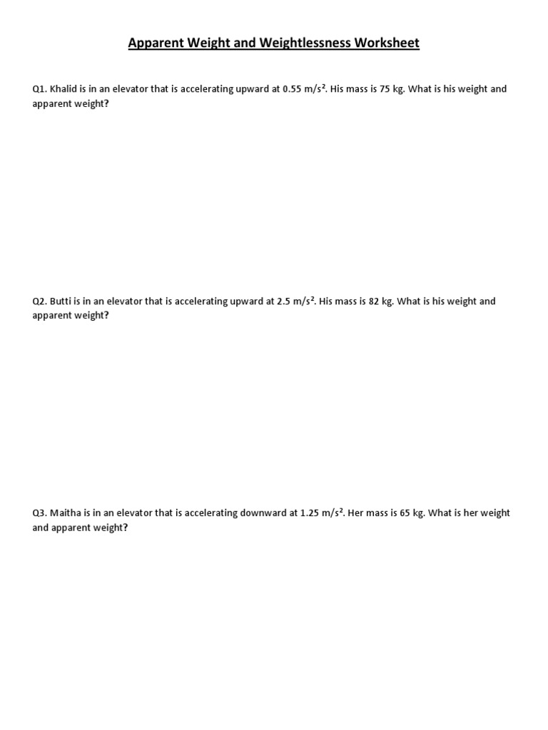 Apparent Weight and Weightlessness Worksheet PDF | PDF