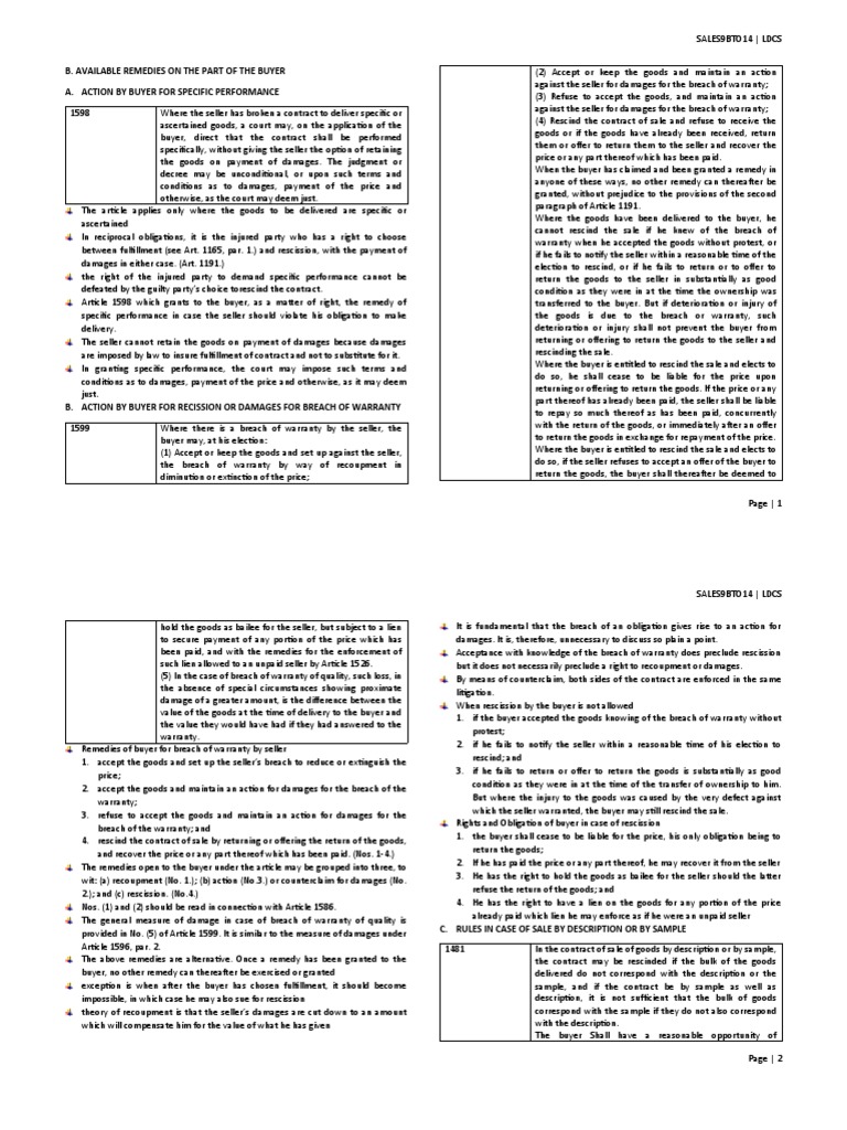 B. Available Remedies On The Part of The Buyer A. Action by Buyer For ...