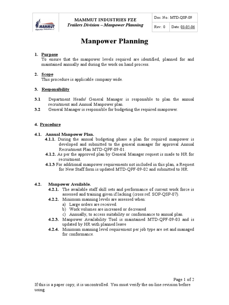 MTD-QSP-09 Manpower Planning | PDF | Human Resources | Recruitment