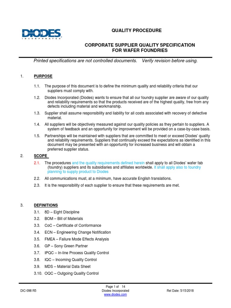 Corporate Supplier Specification For Wafer Foundries | PDF ...
