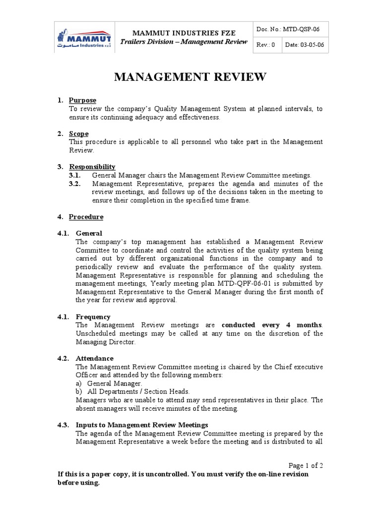 Trailers Division - Management Review | PDF | Quality Management System ...