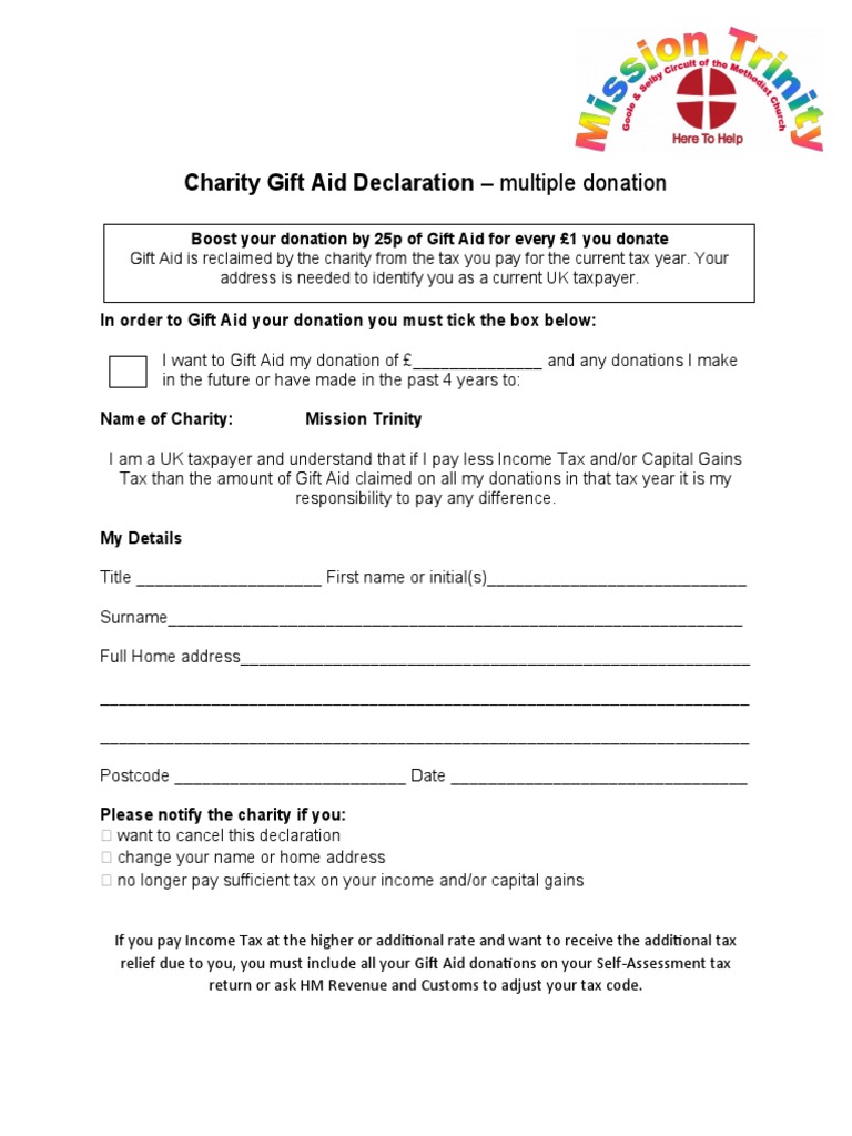 Charity Gift Aid Declaration Form | PDF | Business | Finance & Money ...
