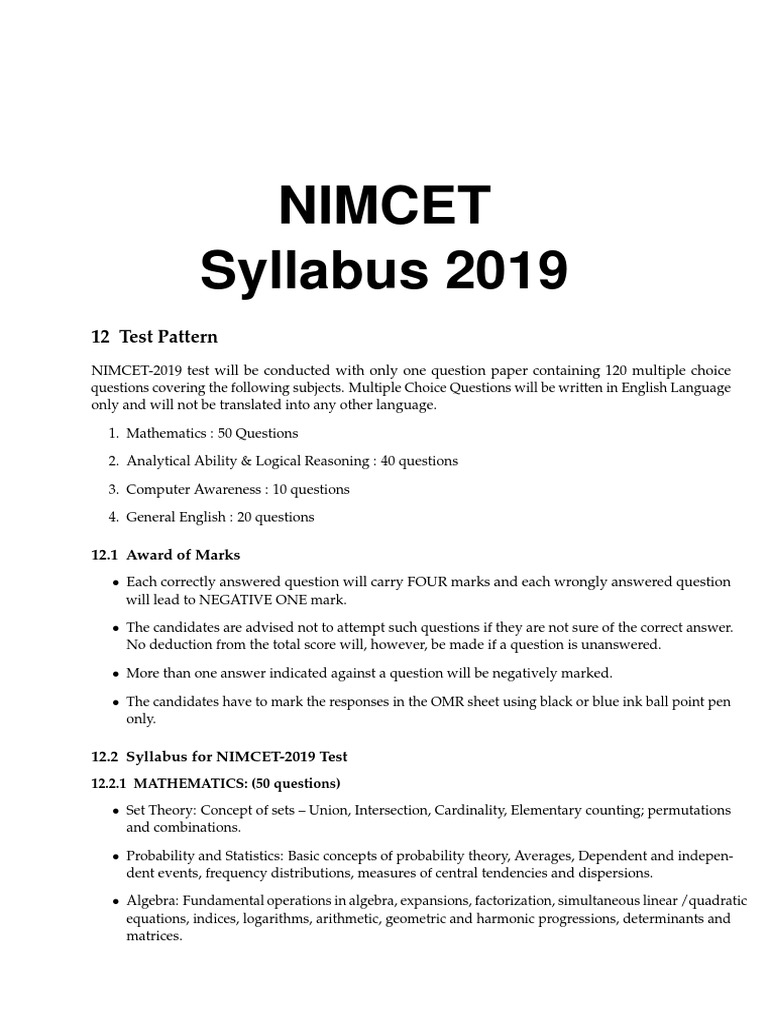 Nimcet Syllabus 2019: 12 Test Pattern | PDF | Vector Space | Equations