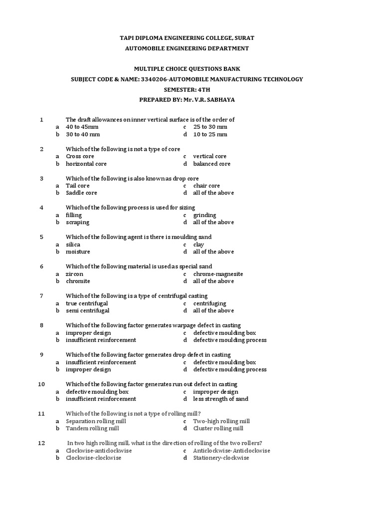 MCQ Paper Set 3 | PDF | Rolling (Metalworking) | Forging