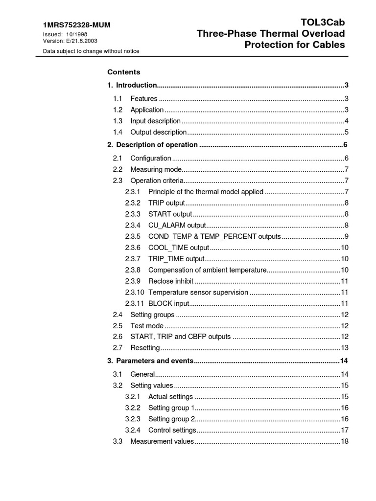 TOL3Cab Three-Phase Thermal Overload Protection For Cables: 1MRS752328 ...