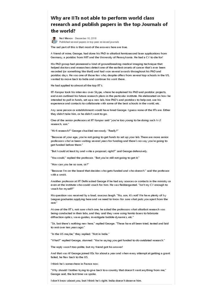 Neil Menon's Answer To Why Are IITs Not Able To Perform World Class ...