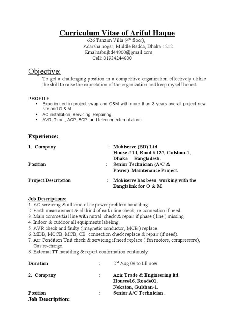 Objective:: Curriculum Vitae of Ariful Haque | PDF | Air Conditioning | Nature