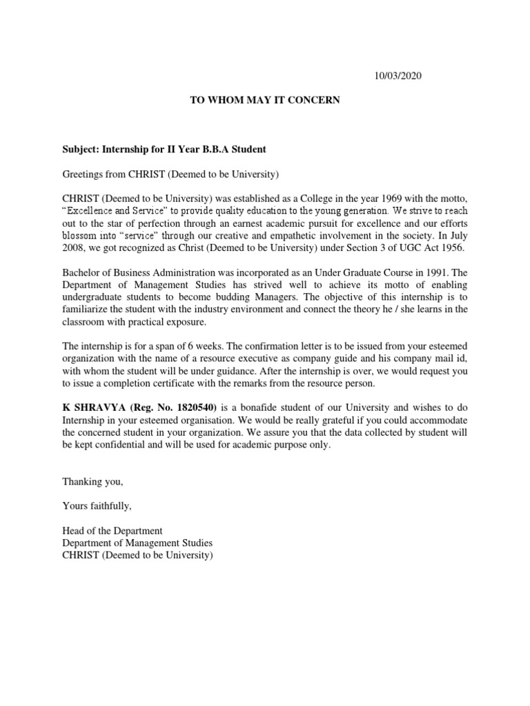 Internship Letter (Christ University) | PDF