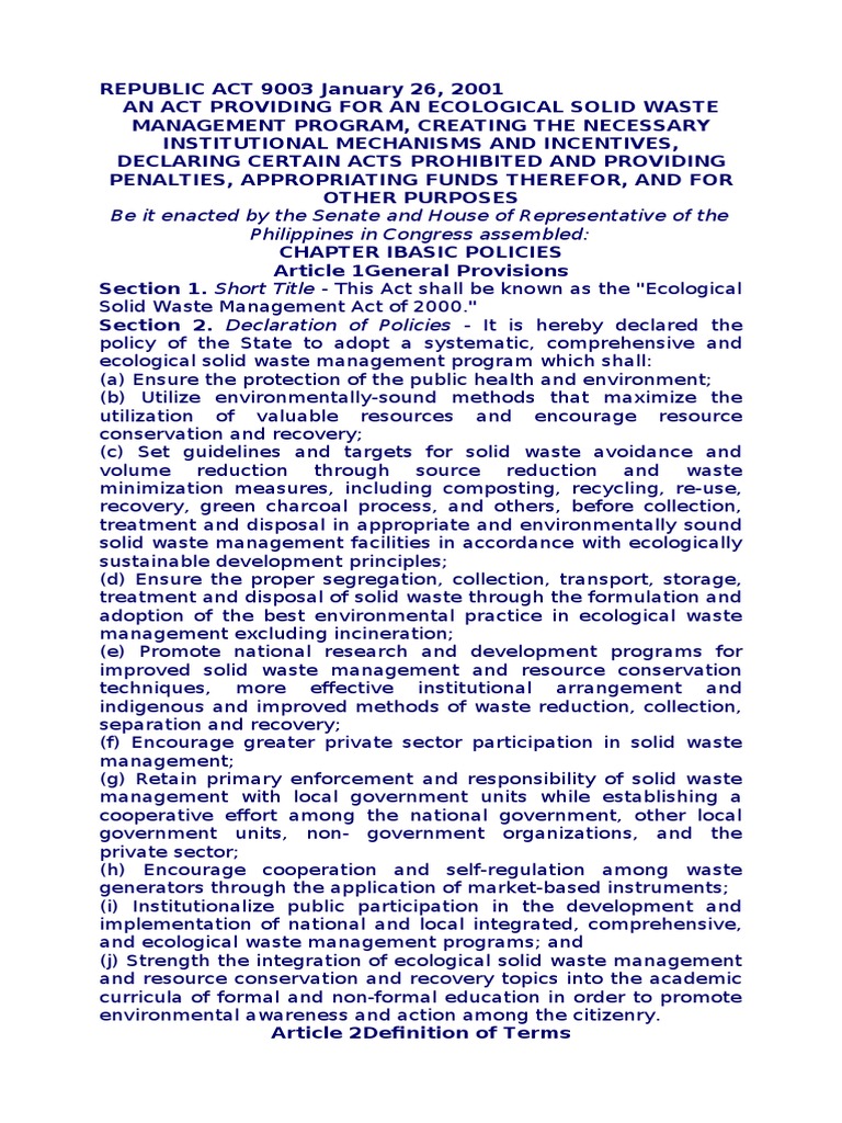 Ra 9003-Solid Waste Management Law | PDF | Waste Management | Recycling