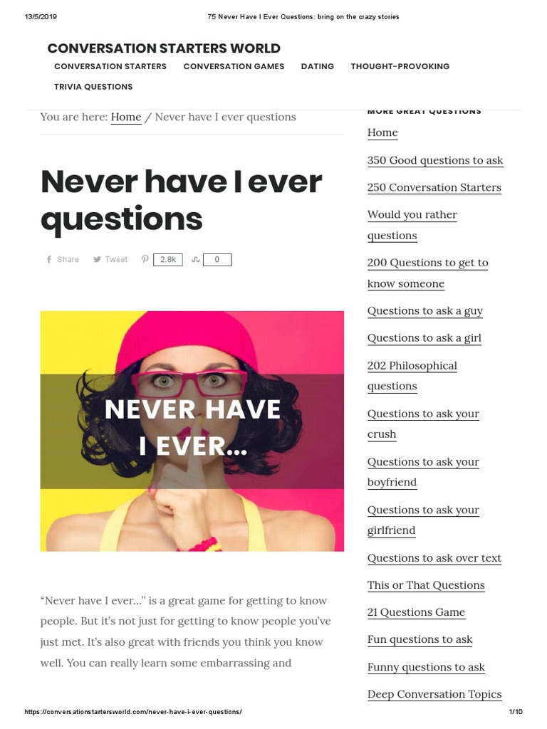Never Have I Ever Questions: Conversation Starters World | PDF
