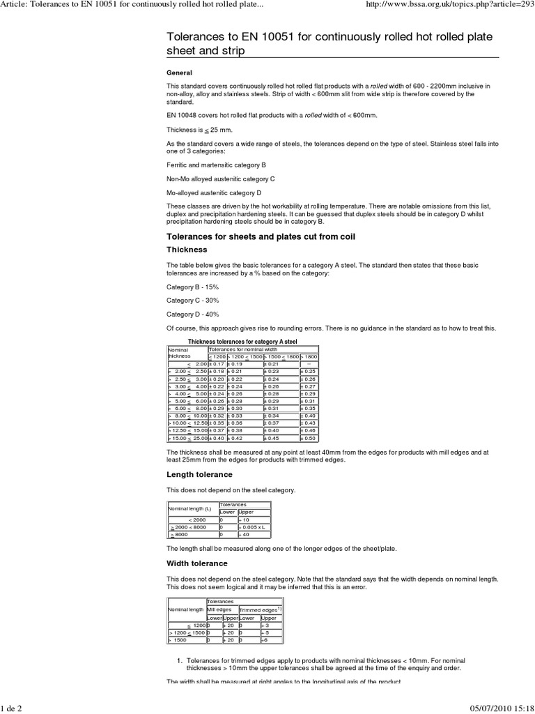 Tolerances To en 10051 | PDF | Rolling (Metalworking) | Engineering Tolerance