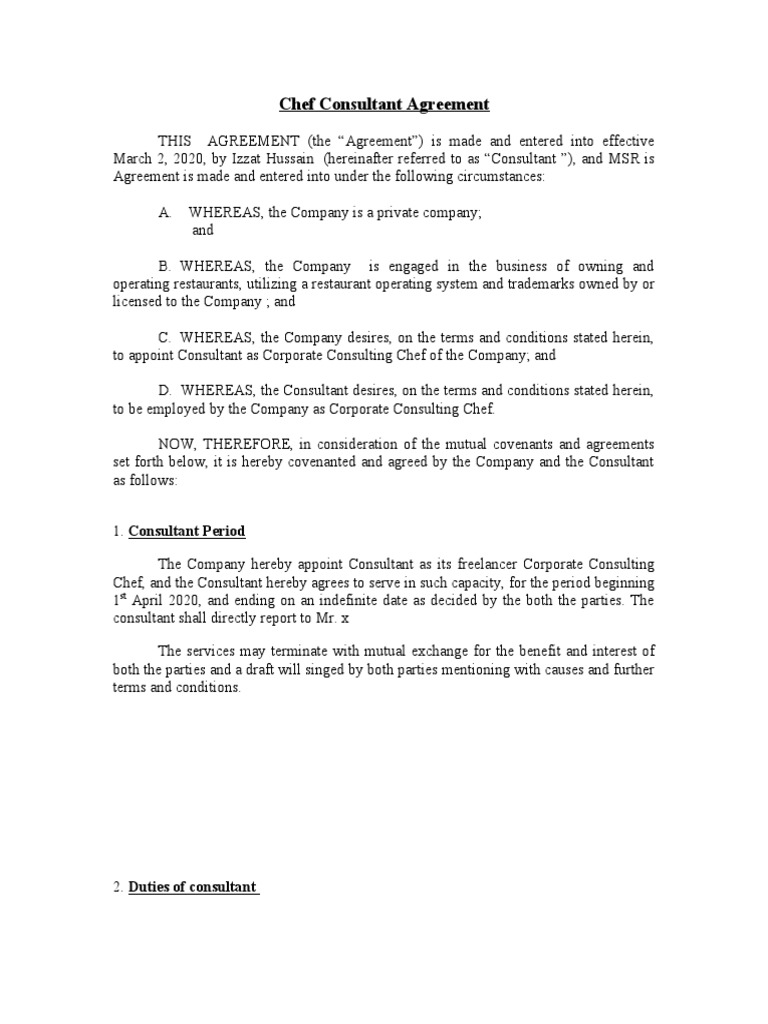 Chef Consultant Agreement | PDF | Menu | Royalty Payment