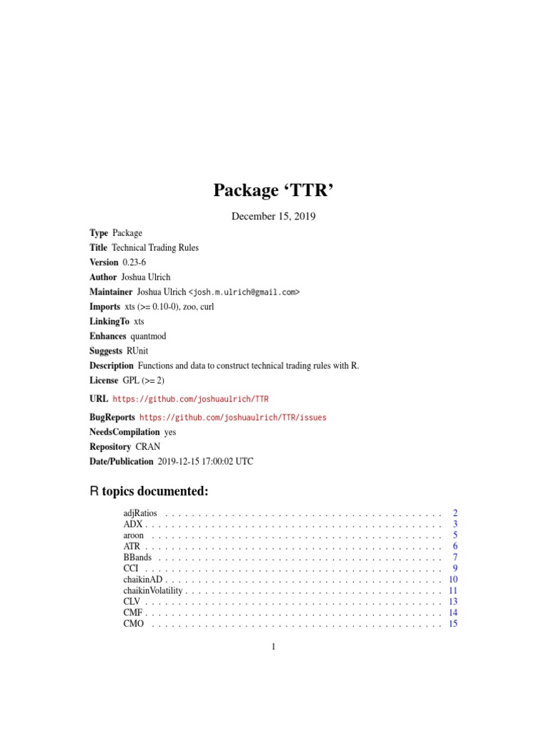 Package TTR': R Topics Documented | PDF | Moving Average | Analysis