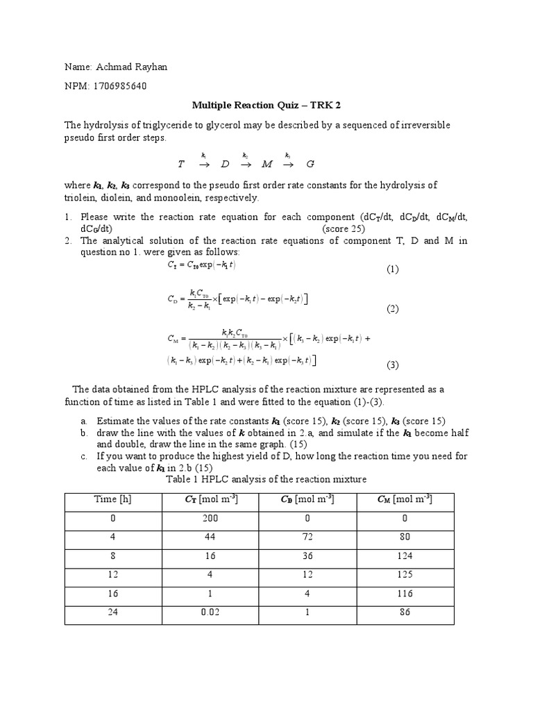 Multiple Reaction Kinetic Example | PDF | Regression Analysis | Applied ...