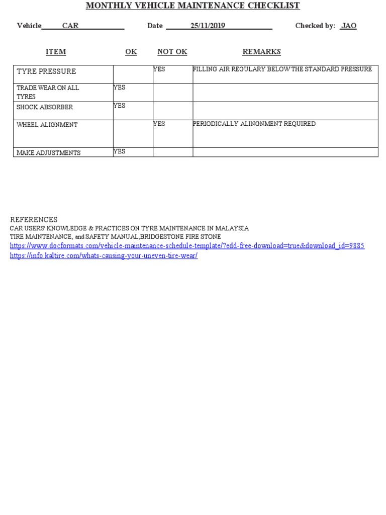 Vehicle Maintenance Checklist Form | PDF