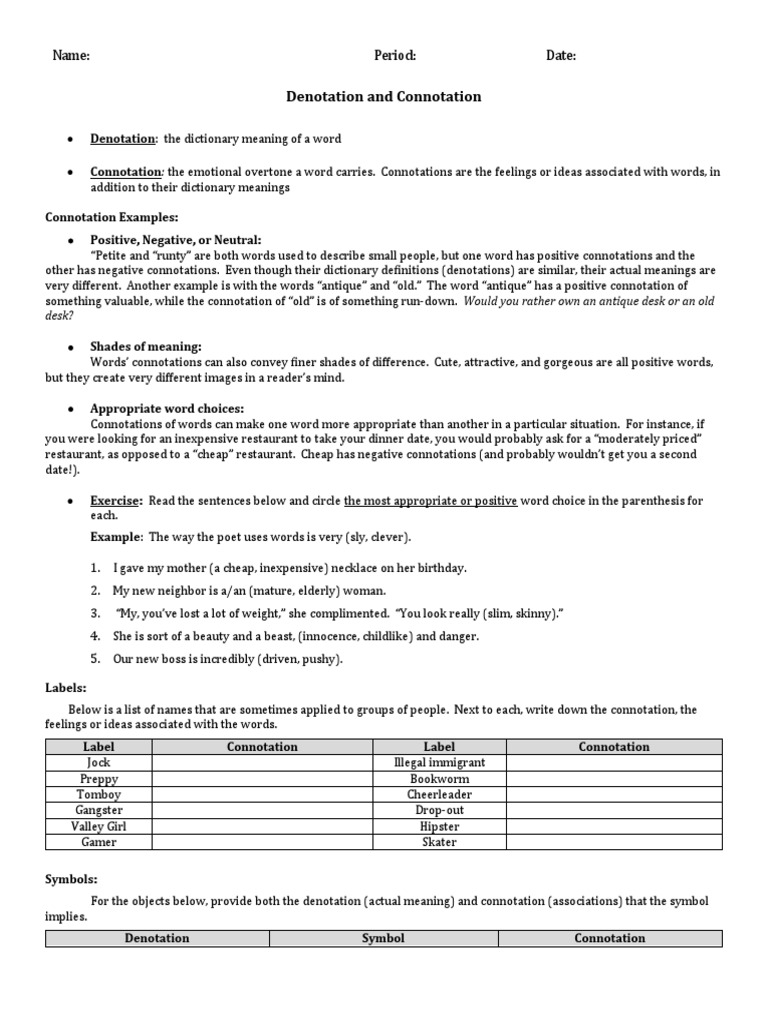 Denotation and Connotation: Name: Period: Date | PDF | Semiotics