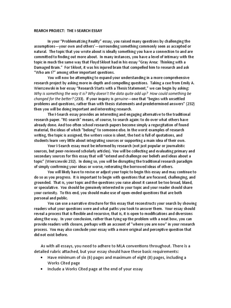 Rearch Project: The I-Search Essay | PDF | Essays | Question
