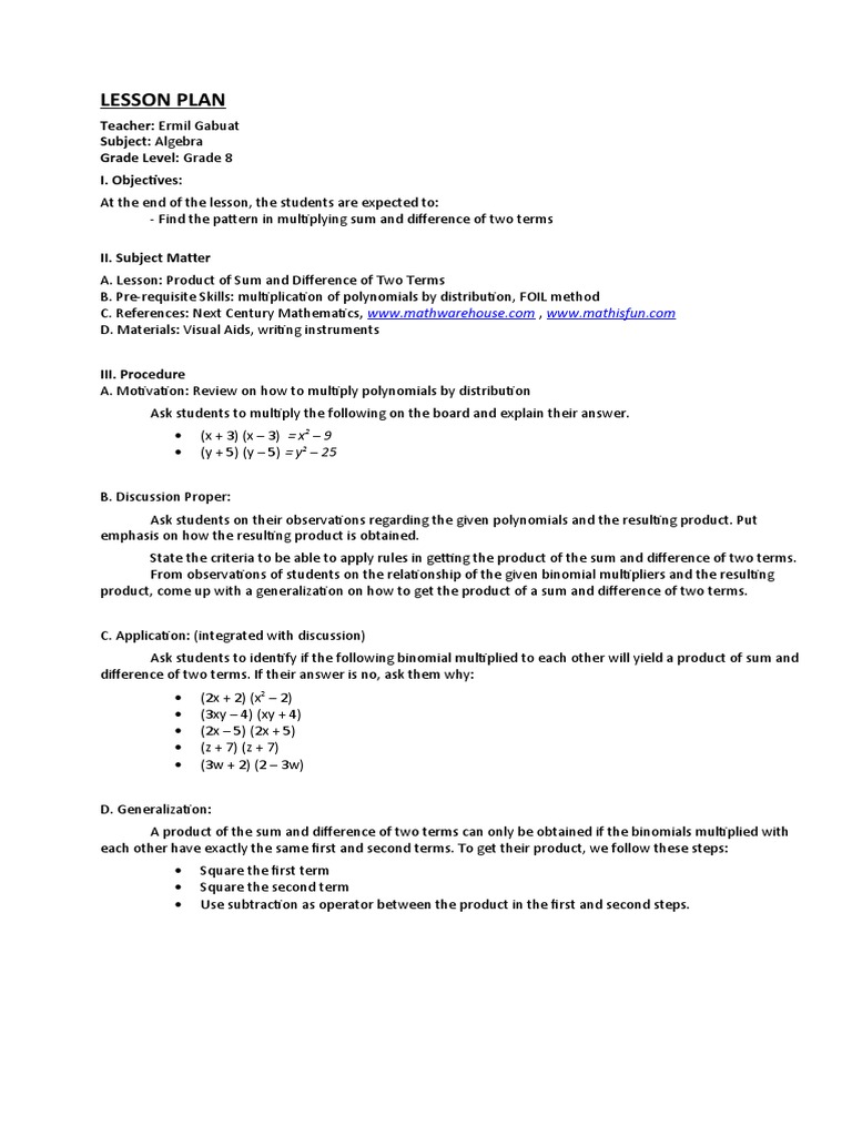 6 - Product of Sum and Difference of Two Terms | PDF | Lesson Plan ...