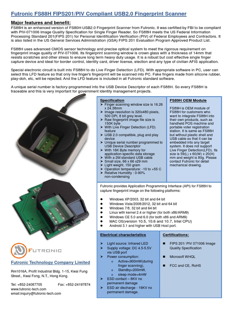 Futronic FS88H FIPS201/PIV Compliant USB2.0 Fingerprint Scanner | PDF | Image Scanner ...