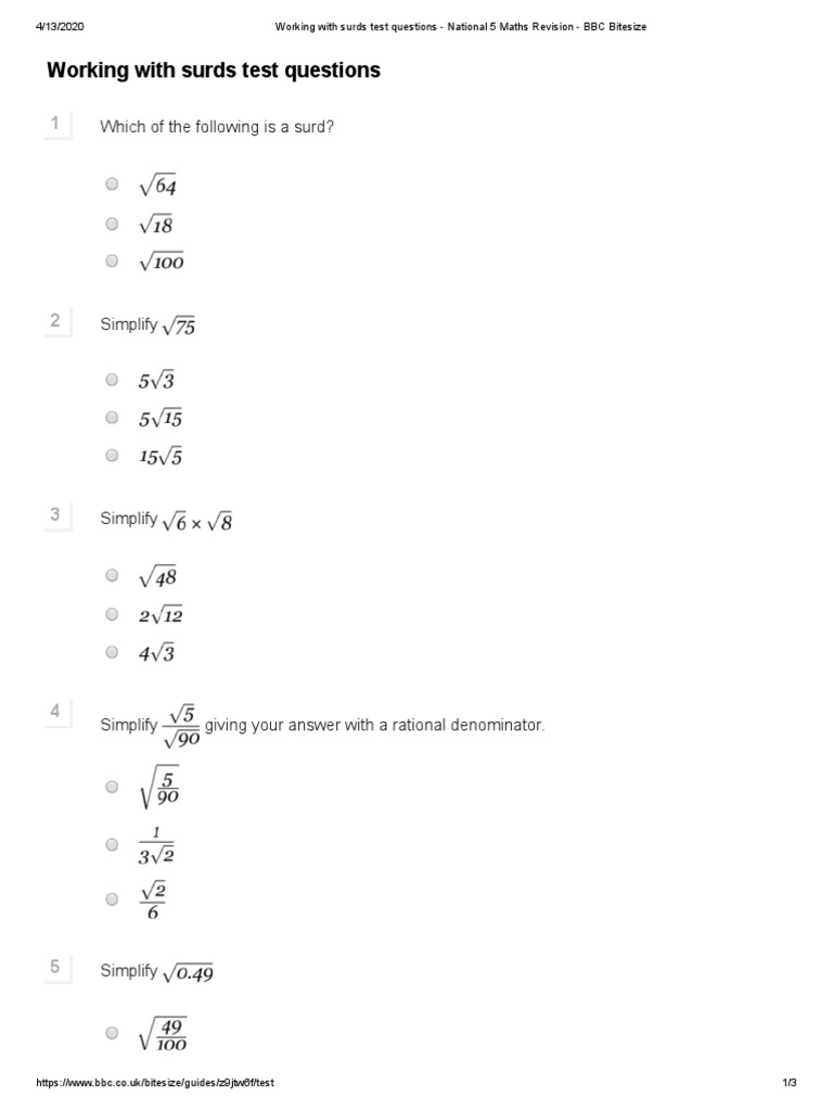Working With Surds Test Questions PDF | PDF