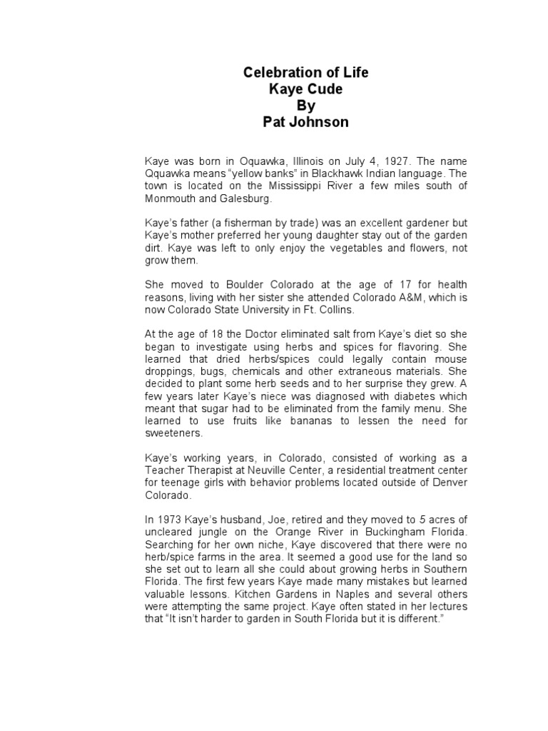 Kaye Olson Cude Celebration of Life by Pat Johnson | PDF | Teachers ...