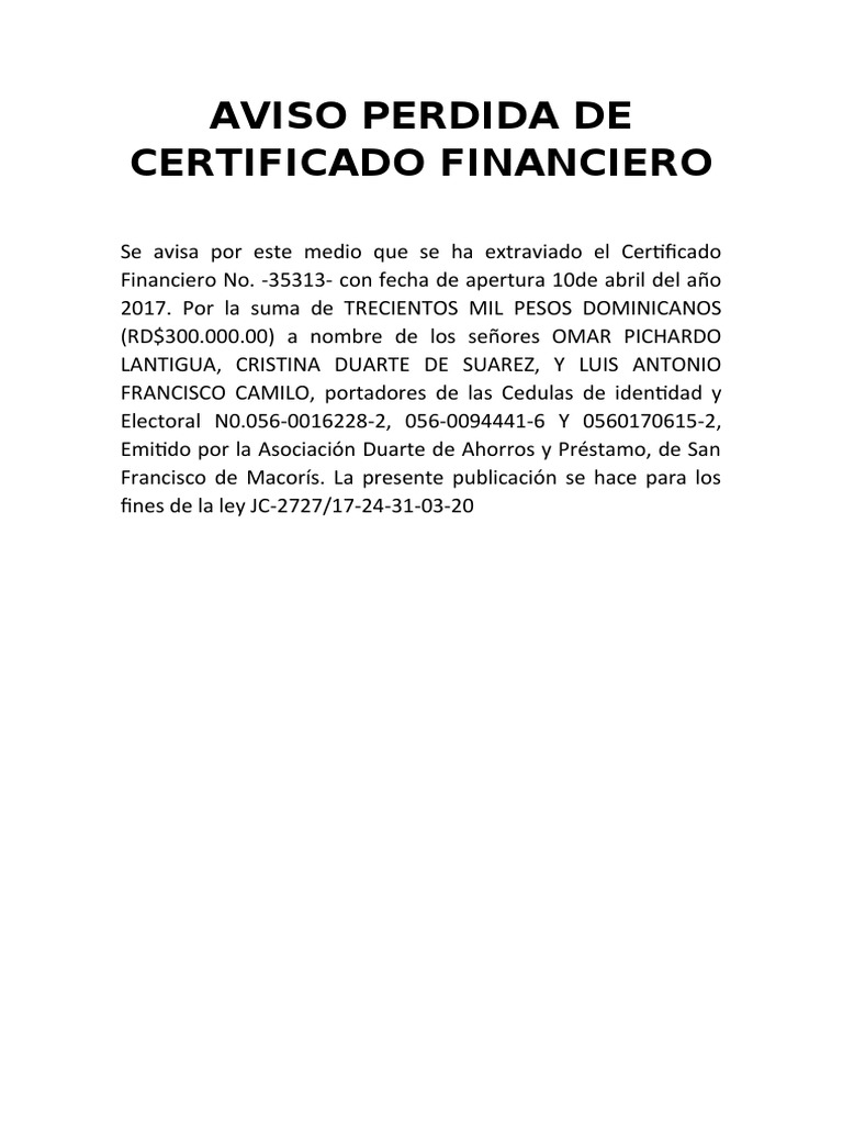Aviso Perdida de Certificado Financiero | PDF