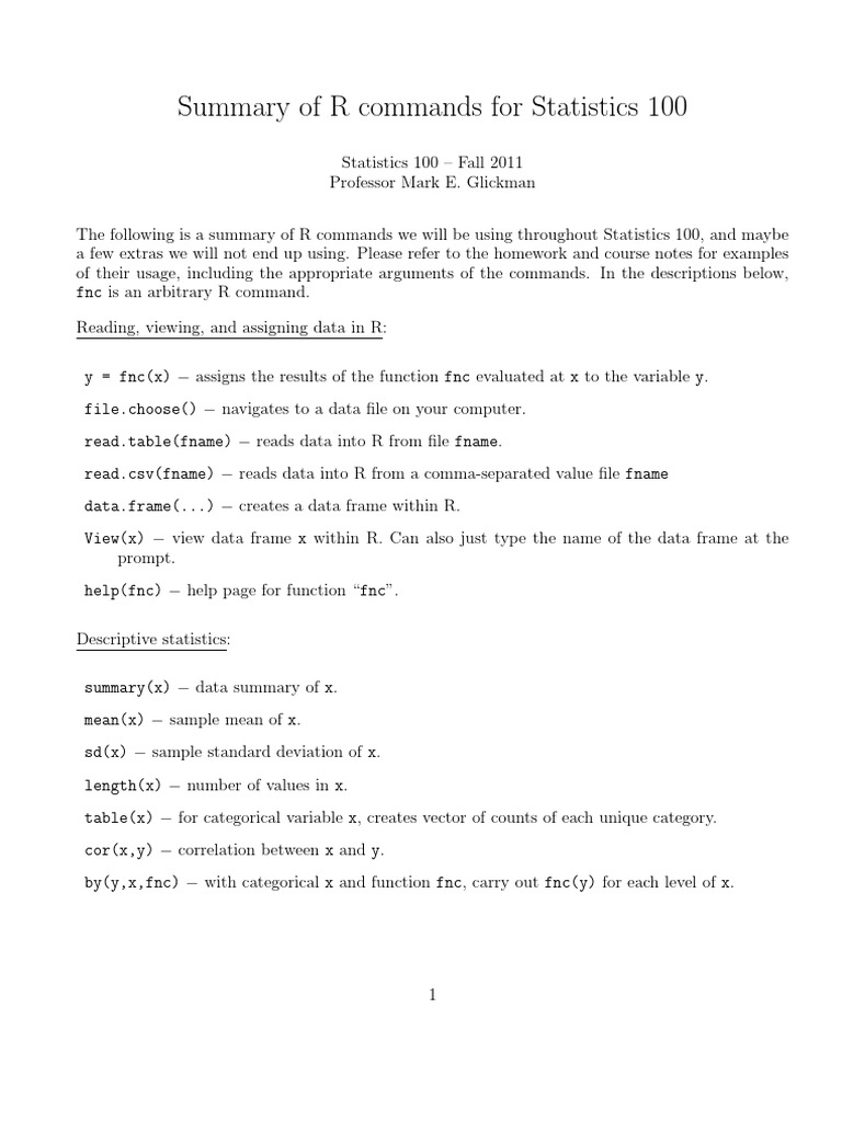 Summary of R Commands For Statistics 100 | PDF | Student's T Test ...