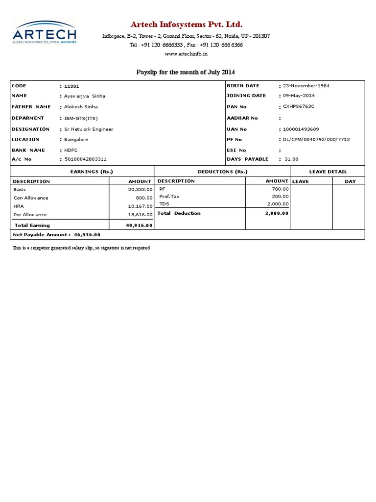 Artech Infosystems Pvt. LTD.: Payslip For The Month of July 2014 ...