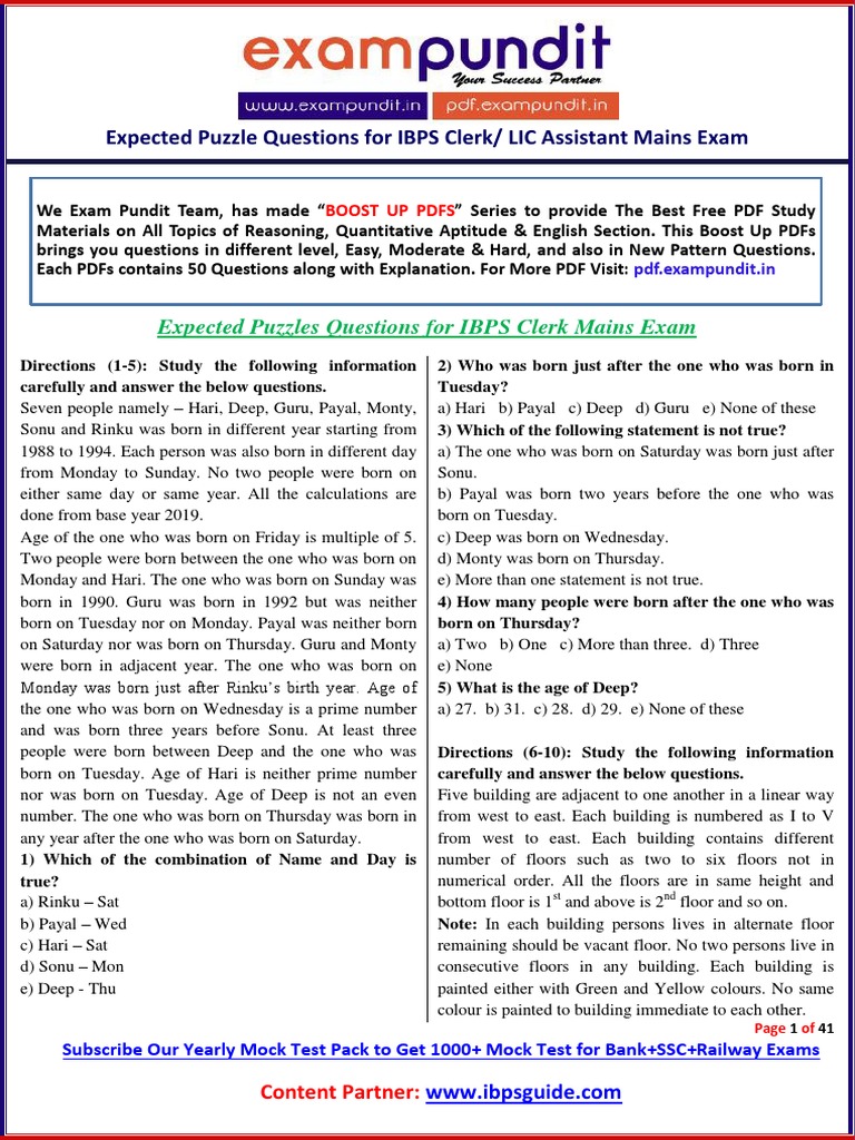 IBPS Clerk Mains Puzzle Questions PDF | PDF | Color | Traffic Light