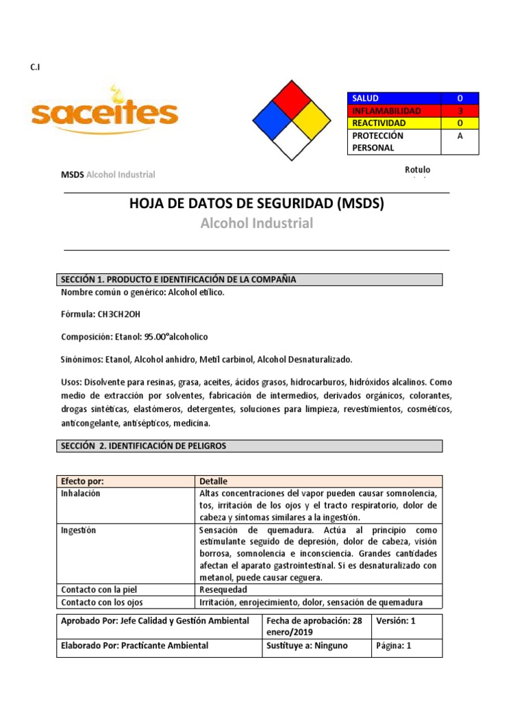 Hoja de datos de seguridad para alcohol etílico | PDF | Alcohol | Etanol