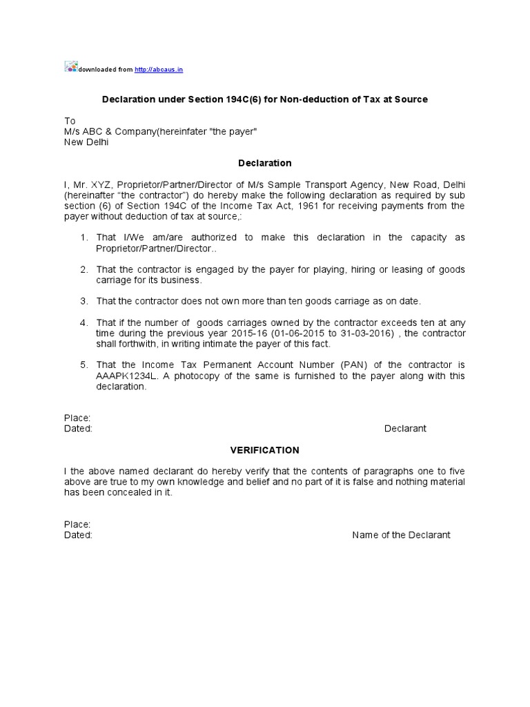 Declaration Us 194C Format2 | PDF