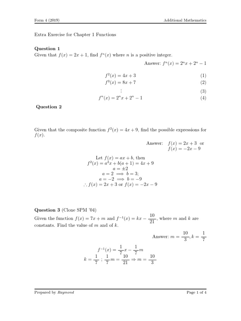 Chapter 1 Functions Mark Scheme PDF | PDF | Mathematical Concepts | Algebra