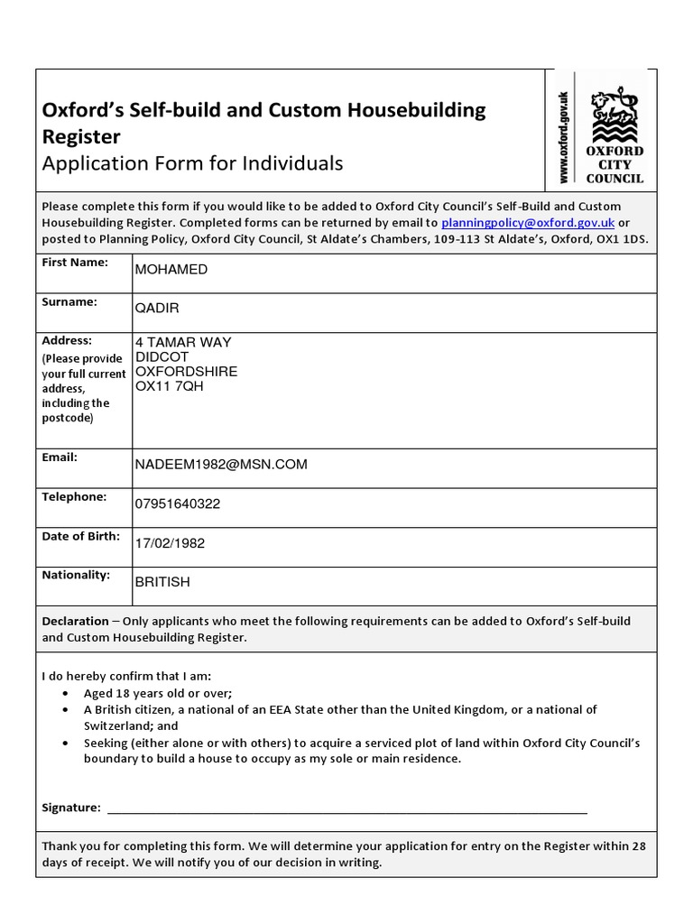 Application to Oxford City Council's Self-Build and Custom ...
