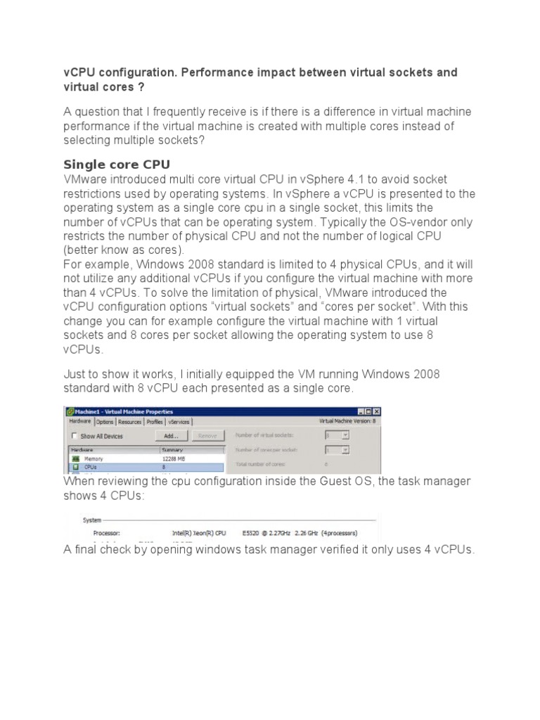 vCPU Configuration: Sockets vs. Cores | PDF | Central Processing Unit | Virtual Machine