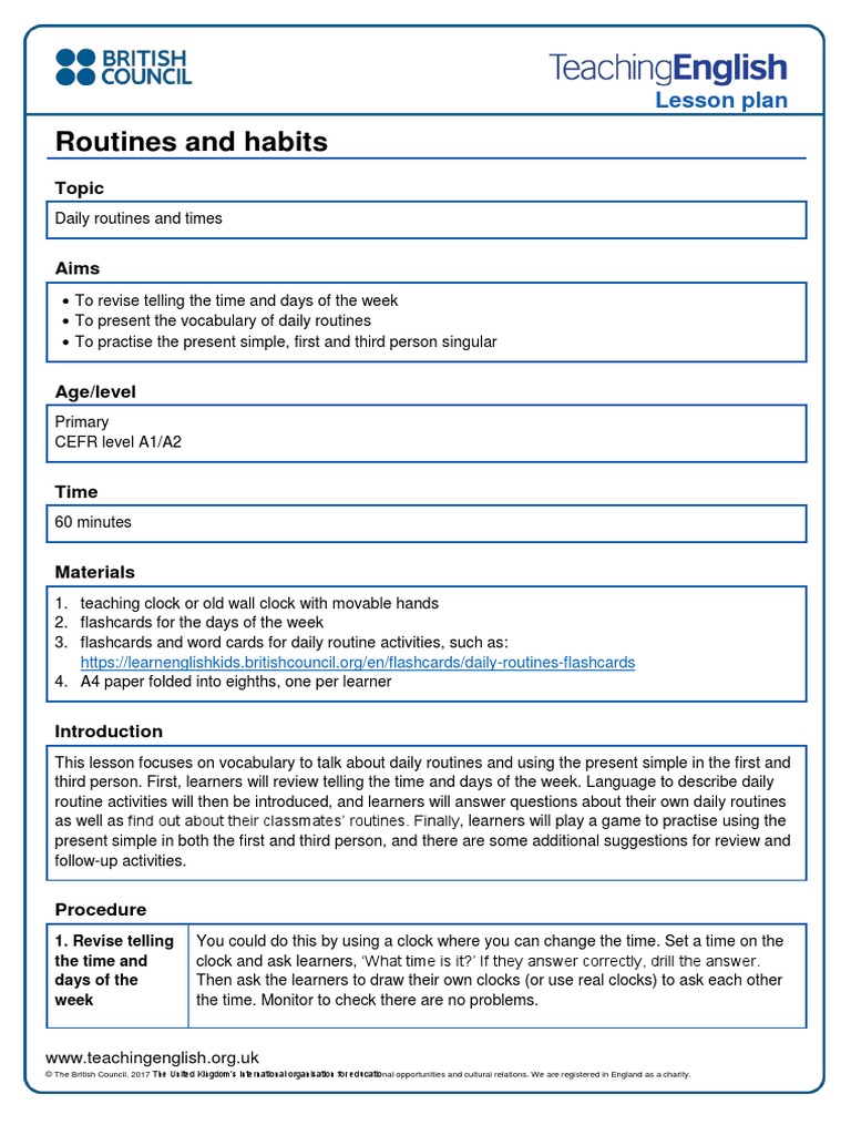 Routines and Habits: Lesson Plan | PDF | Flashcard | Vocabulary