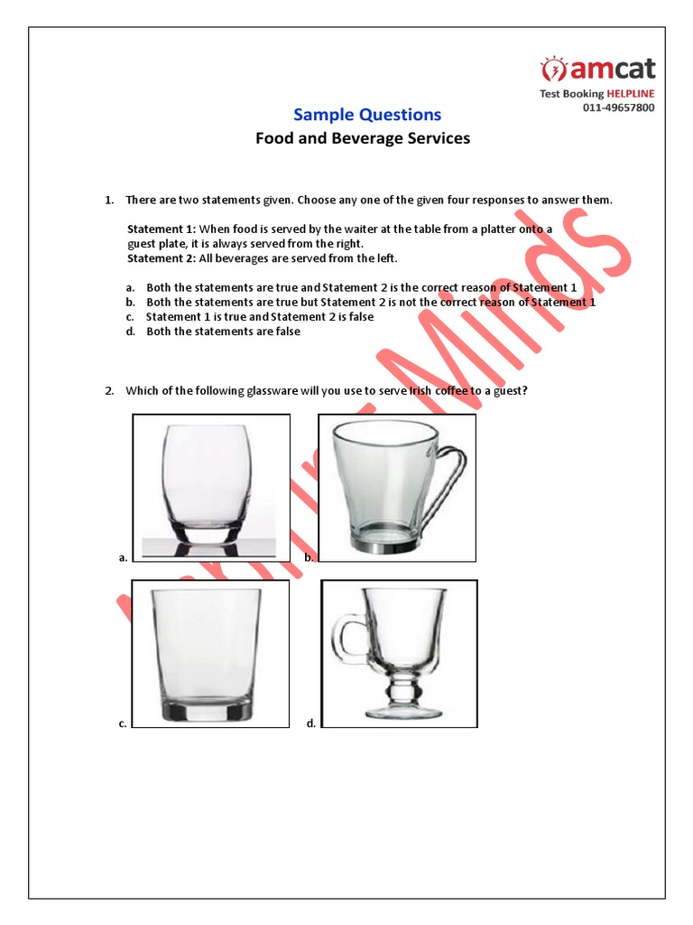 Food and Beverage Service Exam Sample | PDF | Wellness | Science ...