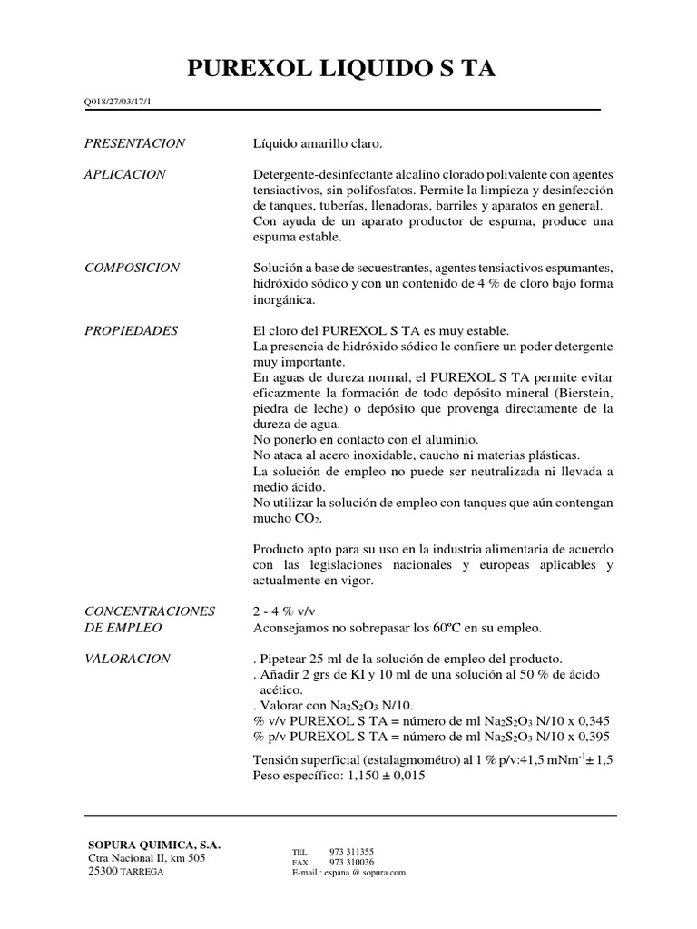 Purexol Sta | PDF | Agua | Química