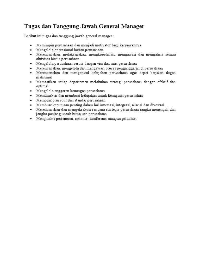 Tugas Dan Tanggung Jawab General Manager | PDF