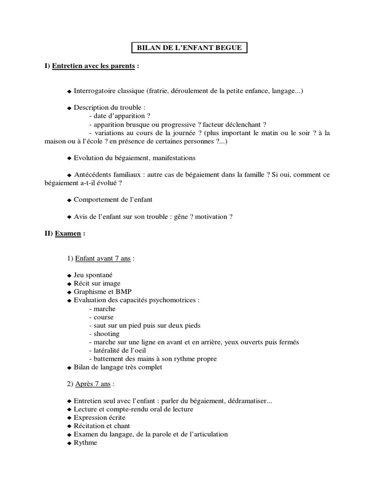Bilan orthophonique du bégaiement enfant | PDF