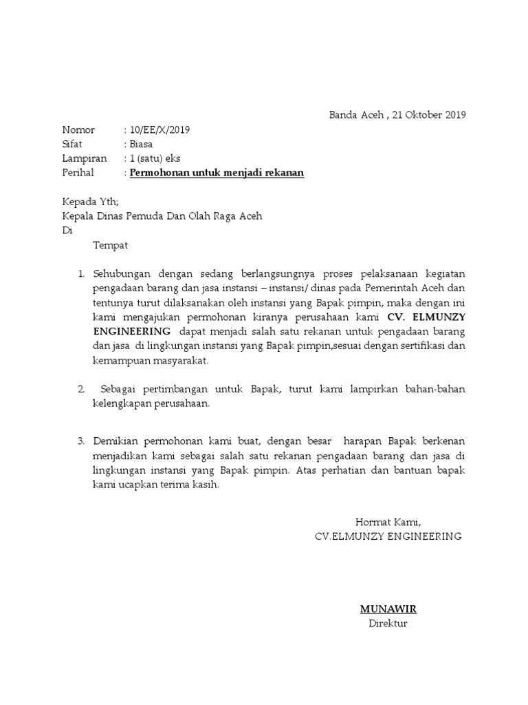 Surat Permohonan Menjadi Rekanan | PDF
