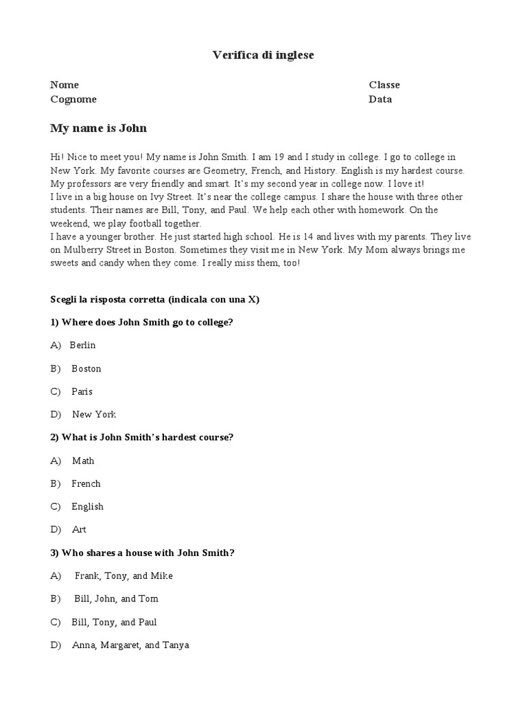 Verifica Di Inglese: Nome Classe Cognome Data | PDF | Social Science