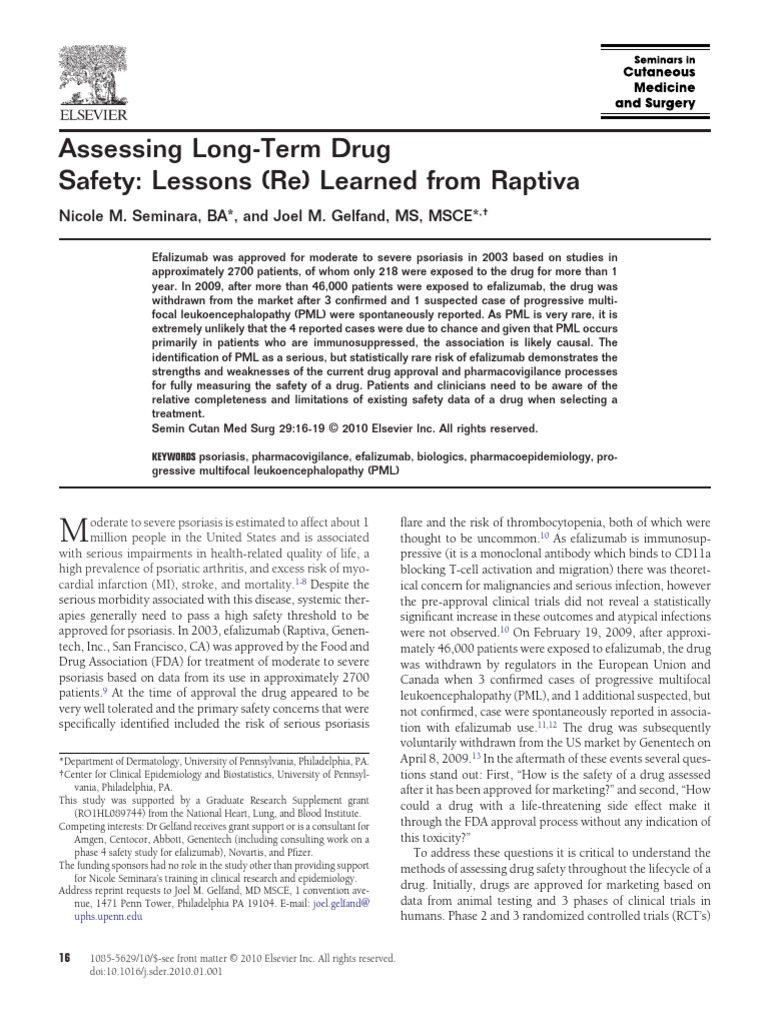 Assessing Long-Term Drug Safety: Lessons (Re) Learned From Raptiva ...