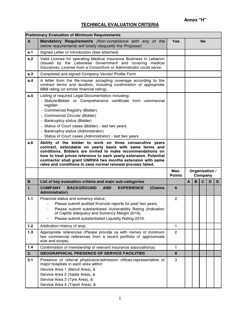 Annex H - Technical Evaluation Criteria | PDF | Insurance | Bankruptcy
