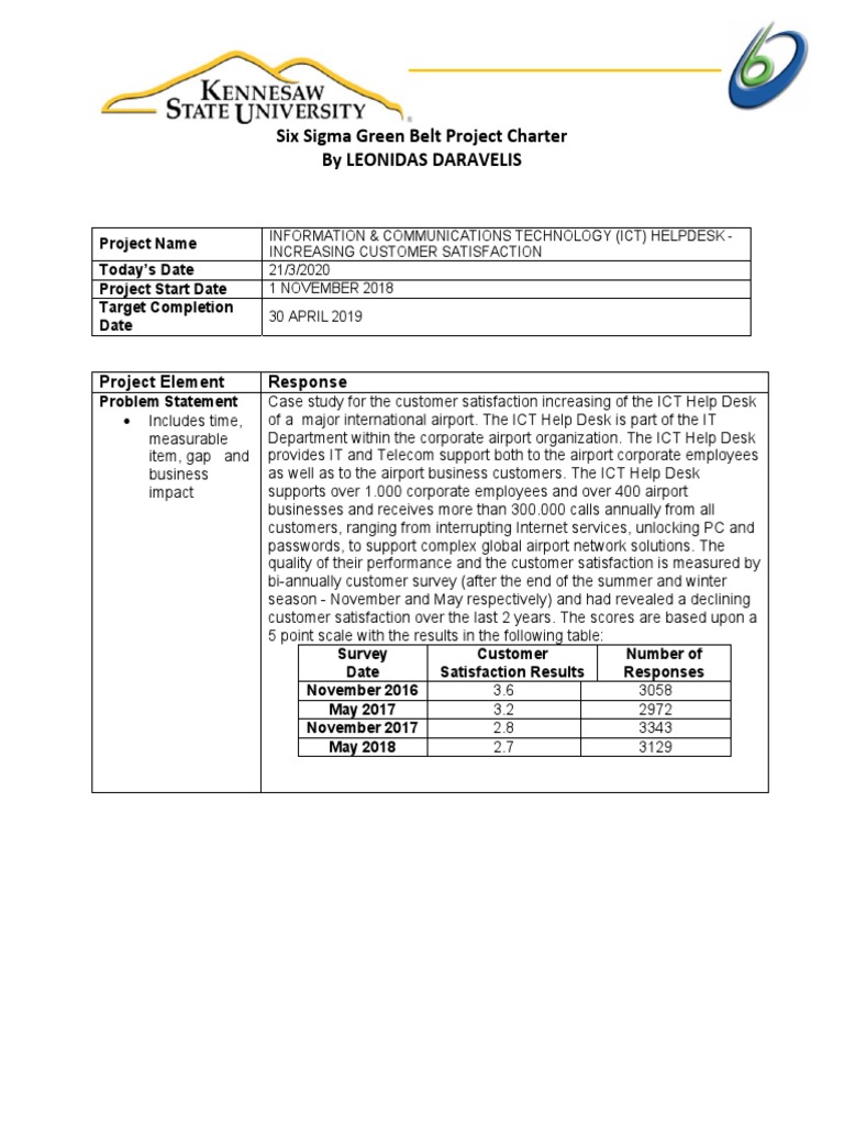 Six Sigma Green Belt Project Charter by Leonidas Daravelis | PDF | Six ...