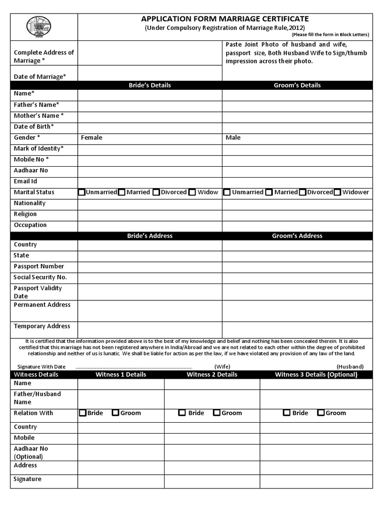 Application Form Marriage Certificate: Bride's Details Groom's Details ...