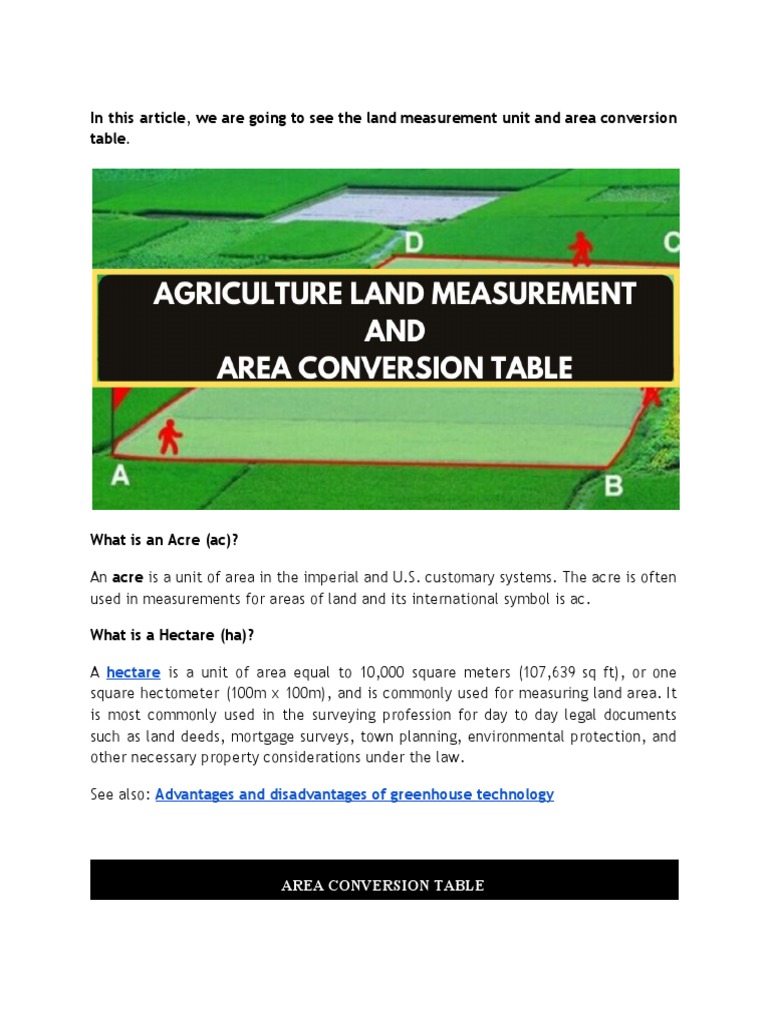 Agriculture Land Measurement Unit and Area Conversion Table PDF | PDF ...