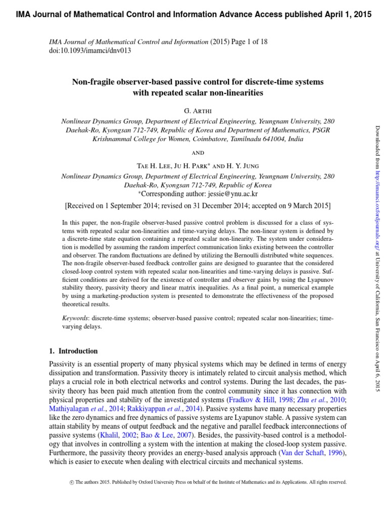 Non-Fragile Observer-Based Passive Control For Discrete-Time Systems With Repeated Scalar Non ...