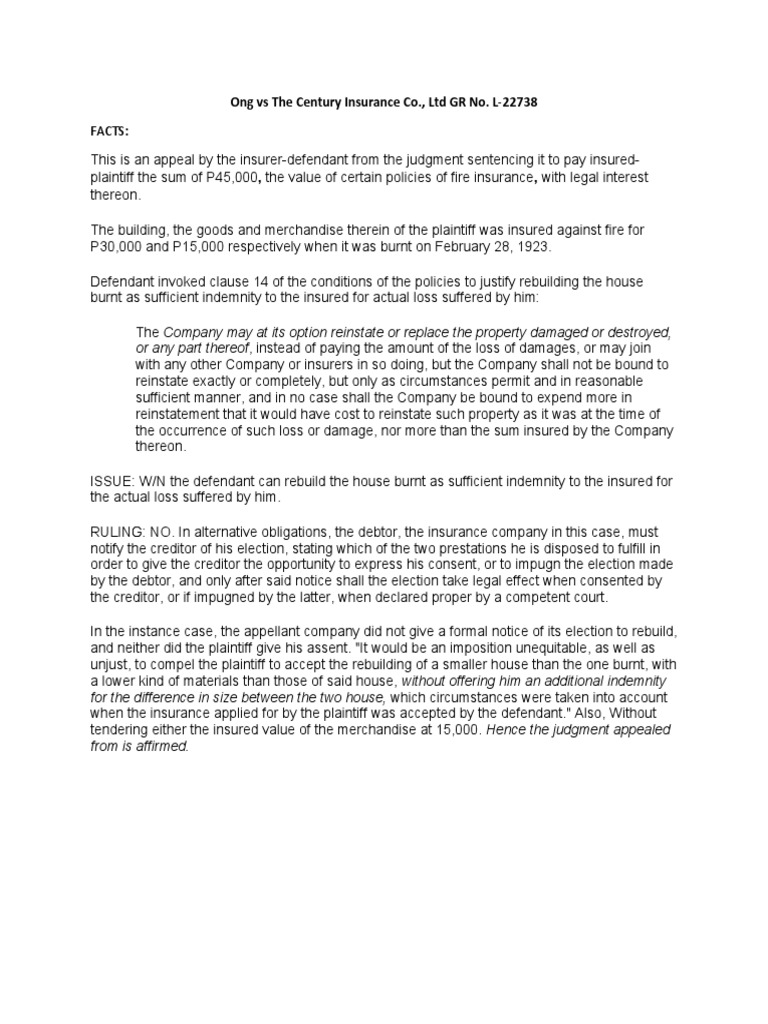 GR L-22738 Ong Vs The Century Insurance Co | PDF | Indemnity | Insurance