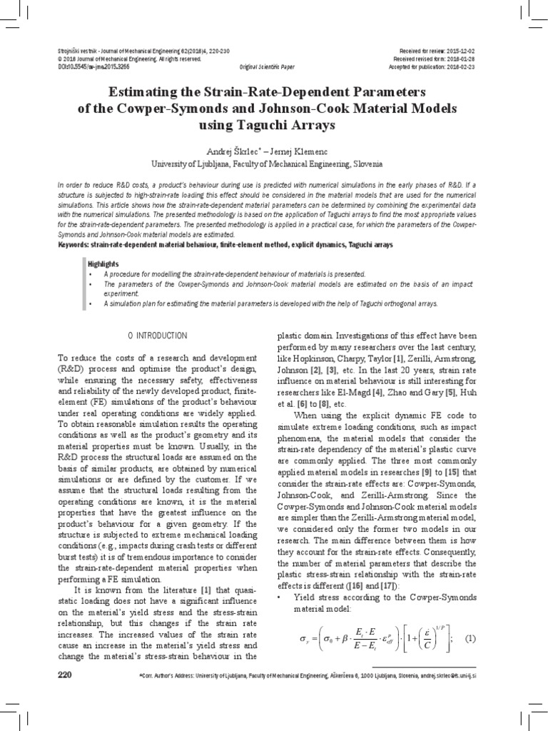 Estimating The Strain-Rate-Dependent Parameters of The Cowper-Symonds and Johnson-Cook Material ...