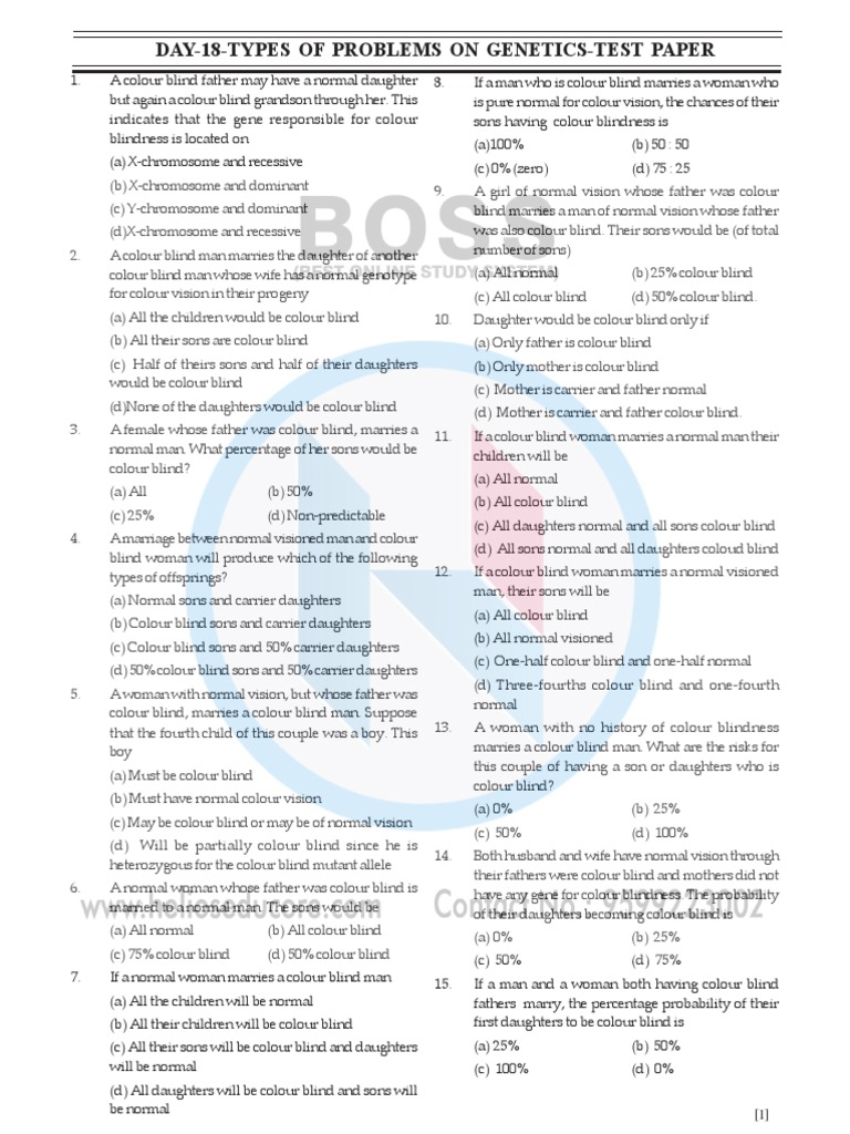 Genetics Test Problems on Colour Blindness and Haemophilia | PDF ...